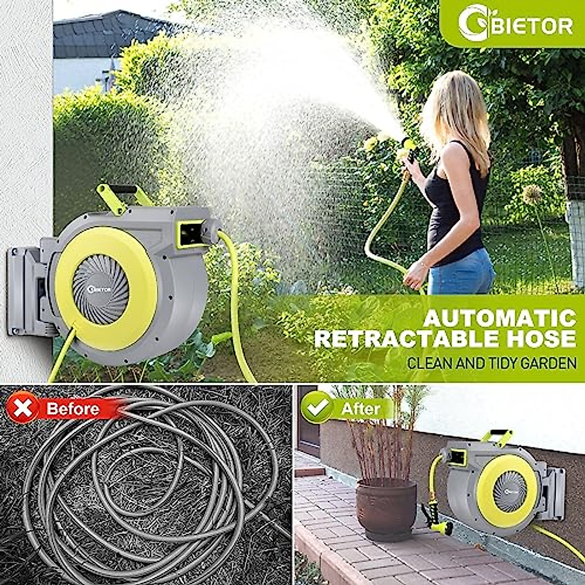 Bietor Retractable Garden Hose Reel 1/2 Inch x 130 ft + 6 ft, Wall Mounted Water Hose Reel, with 9 Pattern Hose Nozzle, Slow Return System, Any Length Lock, 180°Swivel Bracket