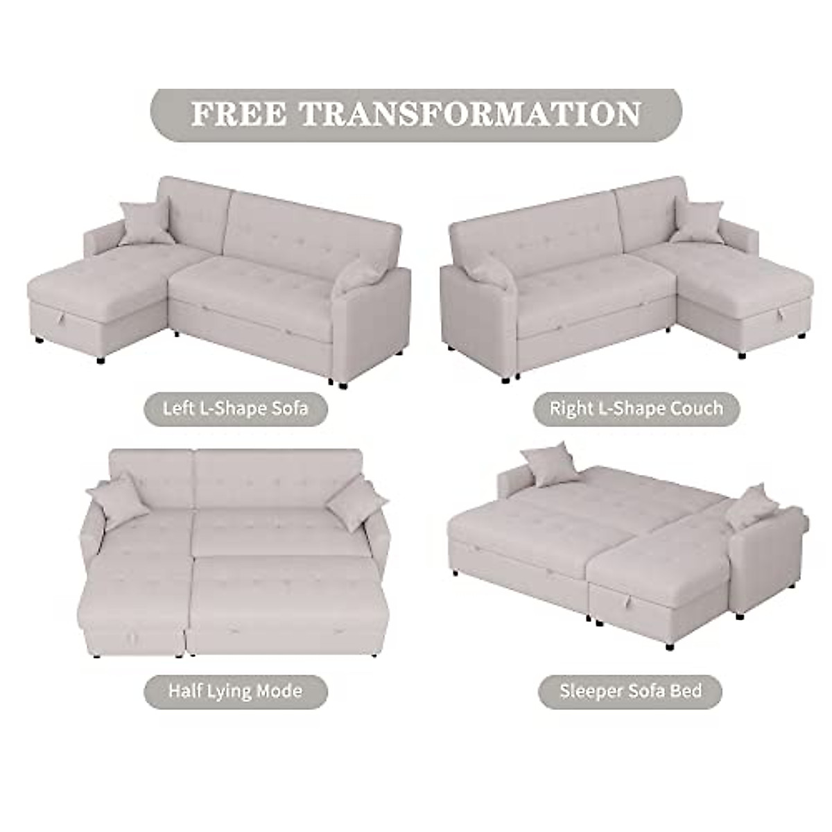 MGH Reversible Sectional Sleeper 82In Wide Couch with Storage, Pull-Out Sofa Bed, L-Shape with Chaise for Living Room Small Apartment (Light Grey), LV7047