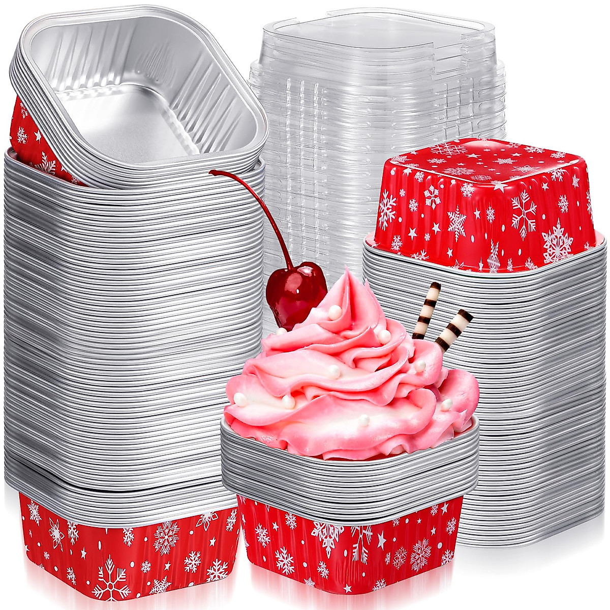 Suttmin 200 Pcs Christmas Baking Cups Foil Pans with Lids 5oz Mini Cake Containers Aluminum Cupcake Liners Square Dessert Cups Xmas Disposable Tin Muffin for Xmas Party(Snowflake)