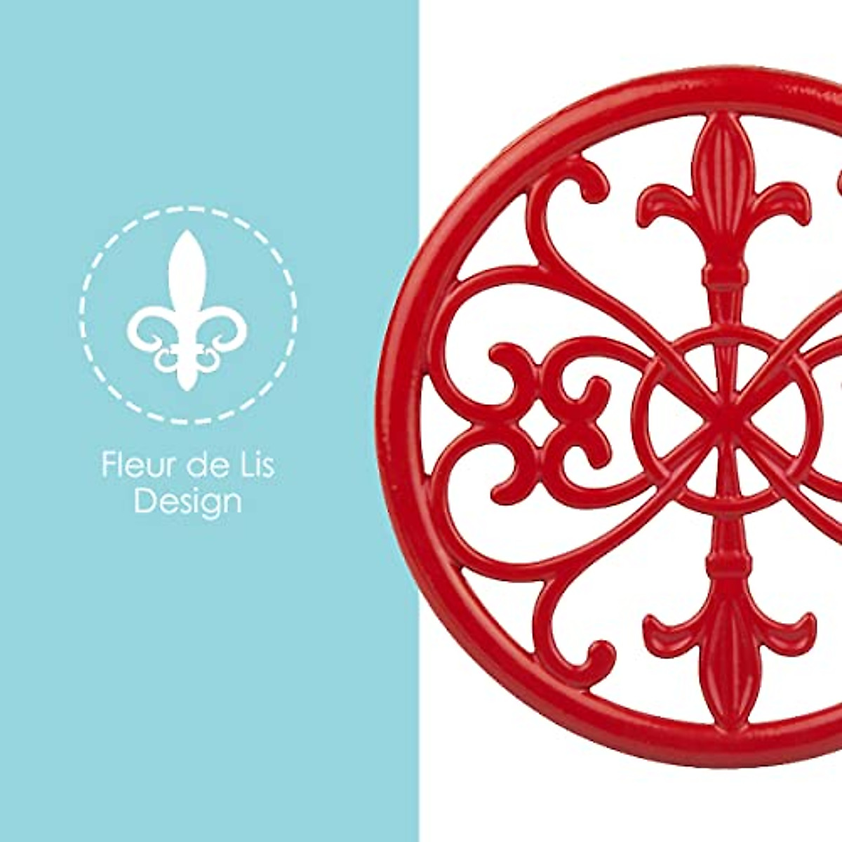 Home Basics (Red) Cast Iron Fleur De Lis Trivet Tr44392, 7.9" x 7.9" x .62"