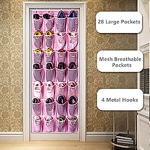 KEEPJOY 28 Pockets Hanging Shoe Organizer, Over the Door Shoe Organizer, Hanging Door Shoe Holder Rack with Mesh Pockets Large Size 65 x 23 Inch (Pink-1Pack)