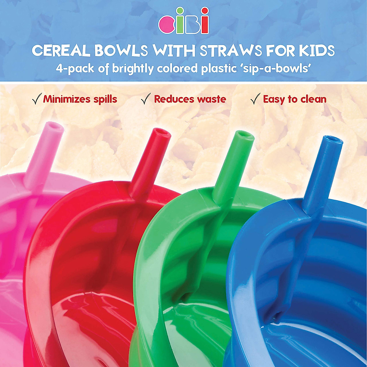 Cereal Bowls with Straws for Kids by CIBI | BPA-Free Plastic | Toddler Sip-A-Bowls with Built-In Straw for Cereal and Soup | Set of 4 Colorful Breakfast Bowls