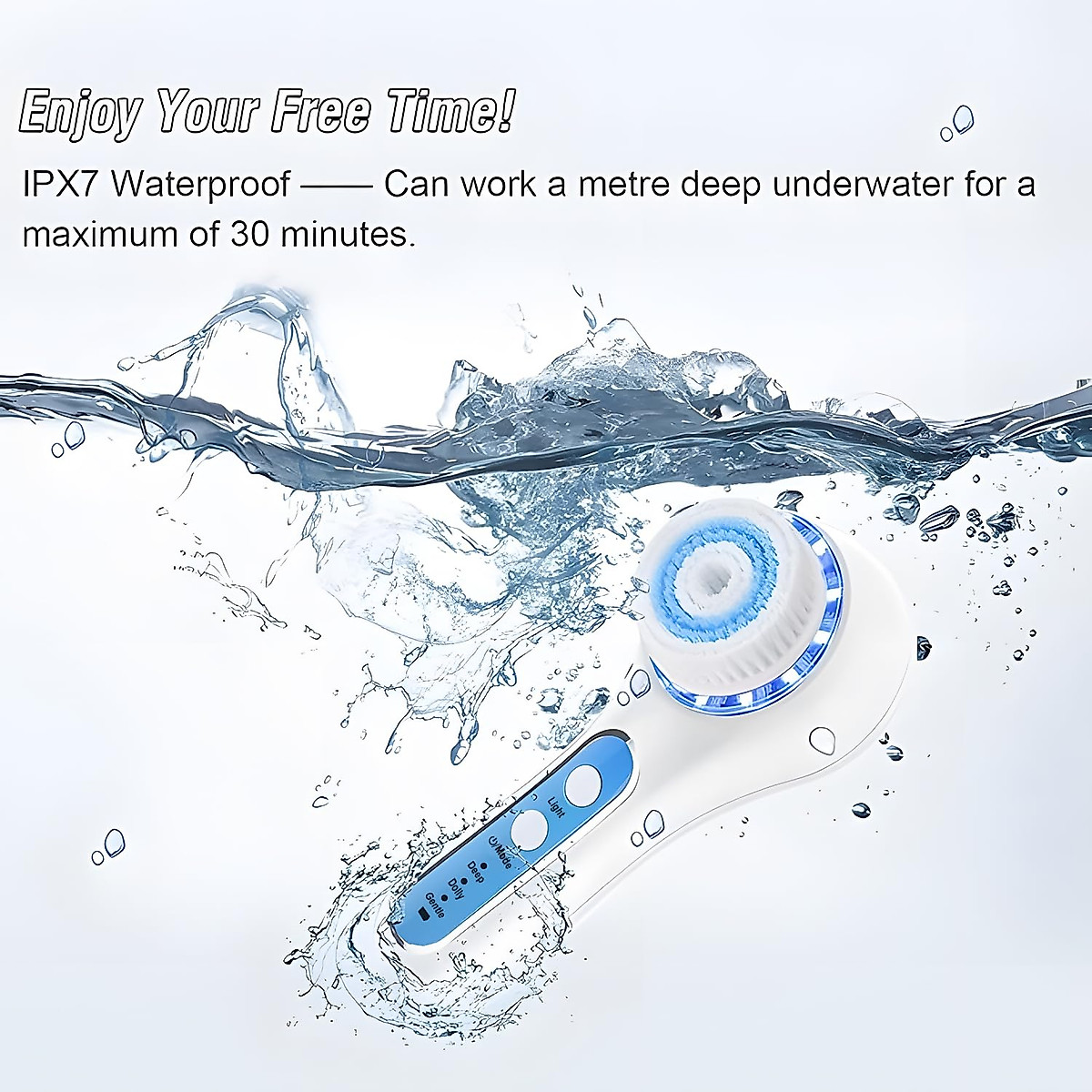 FreeBreath Facial Cleansing Brush, IPX7 Waterproof Face Scrubber with 3 Speed Modes, Face Brushes for Cleansing and Exfoliating with 5 Brush Heads, 1000mAh USB Rechargeable (Light Blue)