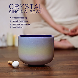 CVNC 8 Inch Rainbow Colored A Note Third-Eye Chakra Frosted Quartz Crystal Singing Bowl + Free mallet & O-ring