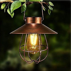Solar Lantern Outdoor Hanging Lights Waterproof Garden Decor Led Metal Landscape Hanging Lantern for Patio Garden Porch Backyard (Copper 04)
