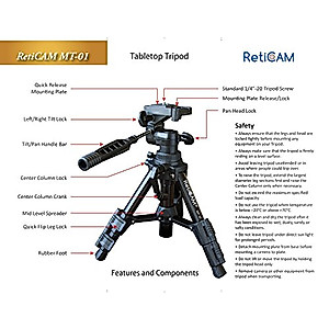 RetiCAM Tabletop Tripod with 3-Way Pan/Tilt Head, Quick Release Plate and Carrying Bag for Phones, Cameras and Spotting Scopes - MT01 Mini Tripod, Aluminum, Black