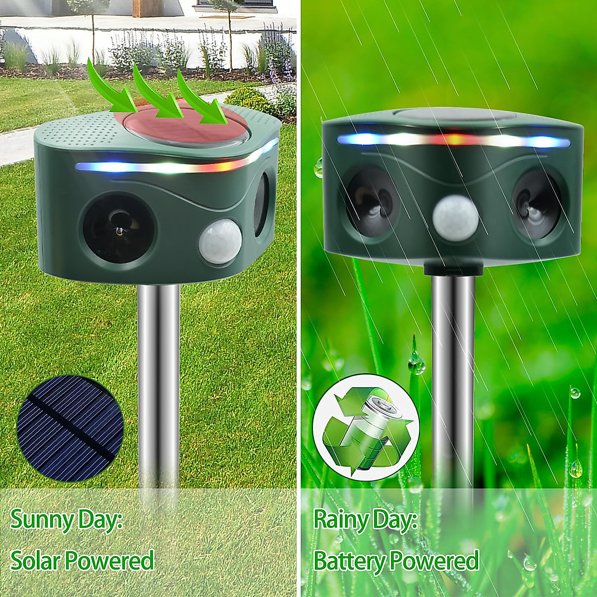 Ultrasonic Solar Animal Repeller for Yard, 5 Modes Outdoor Cat Repellent Squirrel Repellent with Motion Sensor & Flashing Light, Animals Deterrent for Squirrel Bird Deer Cat Skunk Dog for Yard Garden
