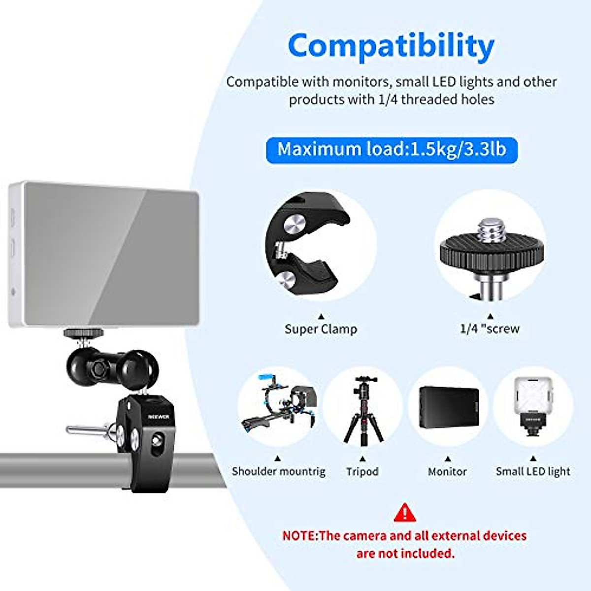 NEEWER Camera Mount Clamp with Dual Ball Head Adapter, Compatible with Insta360 GoPro Mount SmallRig Camera Cage, Webcam Monitor Mount, Super Clamp for Flash Mic LED Video Light Panel, ST10