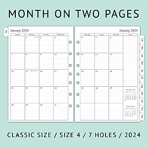 2024 Weekly & Monthly Planner Refill, 5-1/2" x 8-1/4", Runs from January 2024 to December 2024, Ruled Daily Boxes, Classic/Desk Size 4, 7-Hole Punched