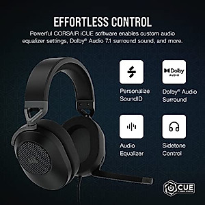 Corsair HS65 SURROUND Gaming Headset (Leatherette Memory Foam Ear Pads, Dolby Audio 7.1 Surround Sound on PC and Mac, SonarWorks SoundID Technology, Multi-Platform Compatibility) Carbon