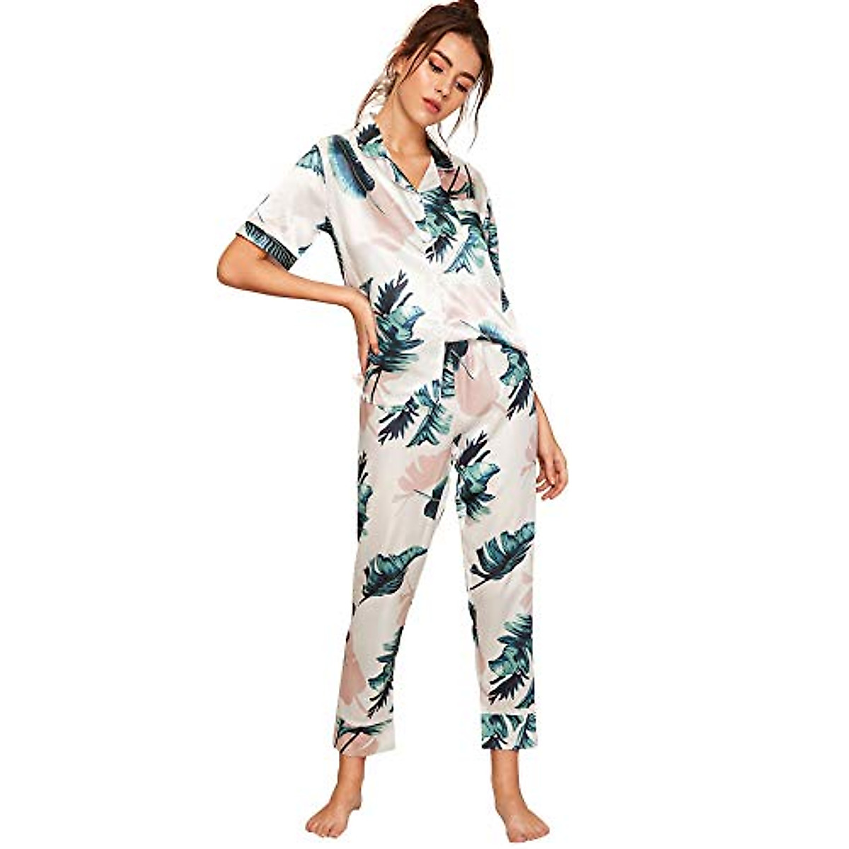 Floerns Women's Printed Two Piece Short Sleeve Sleepwear Long Pants Pajamas Sets A White S