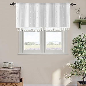 Visioun Boho White Curtain Topper Tassels Valance Window Cafe Treatment Tufted Pleat Floral Puffs Textured Simple Rod Pocket Kitchen Window Drapes for Bathroom Bedroom Living Room 1 Panel (52x18 Inch)
