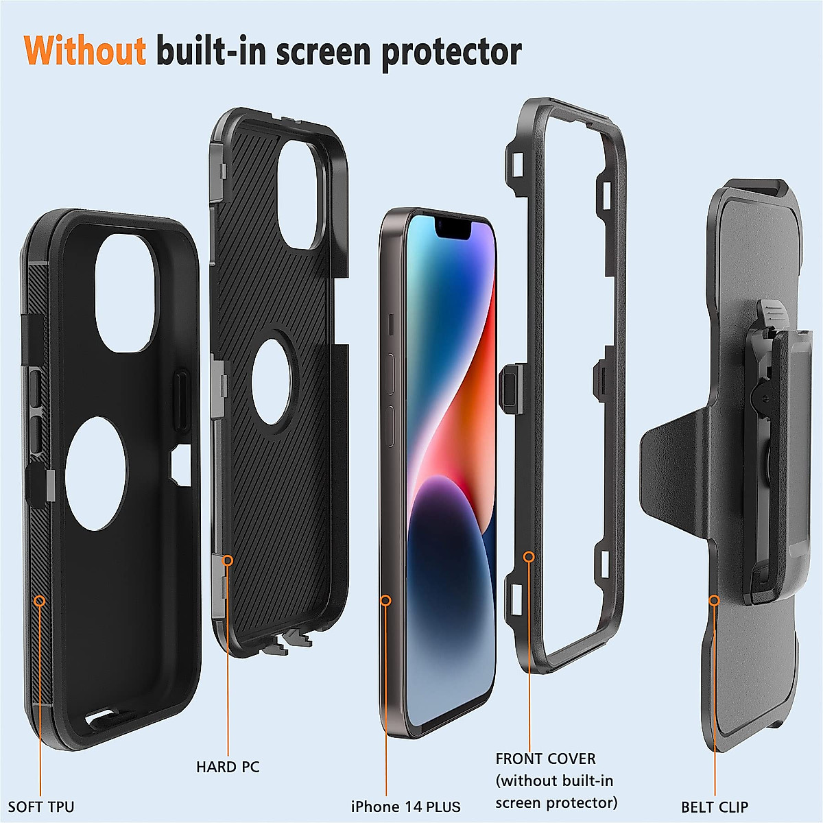 NIFFPD for iPhone 14 Plus Case with Belt Clip/Holster/Kickstand, Heavy Duty Rugged Full Body Protective Case with 2 Pcs Screen Protectors for Apple iPhone 14 Plus for Men 6.7 inch (Black)