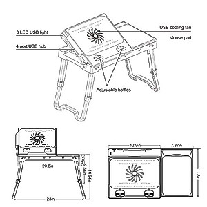 TeqHome Laptop Desk for Bed, Adjustable Laptop Bed Table with Fan, Portable Lap Desk with Foldable Legs, Laptop Stand for Couch Sofa Bed Tray with LED Light, 4 USB Ports, Storage, Mouse Pad