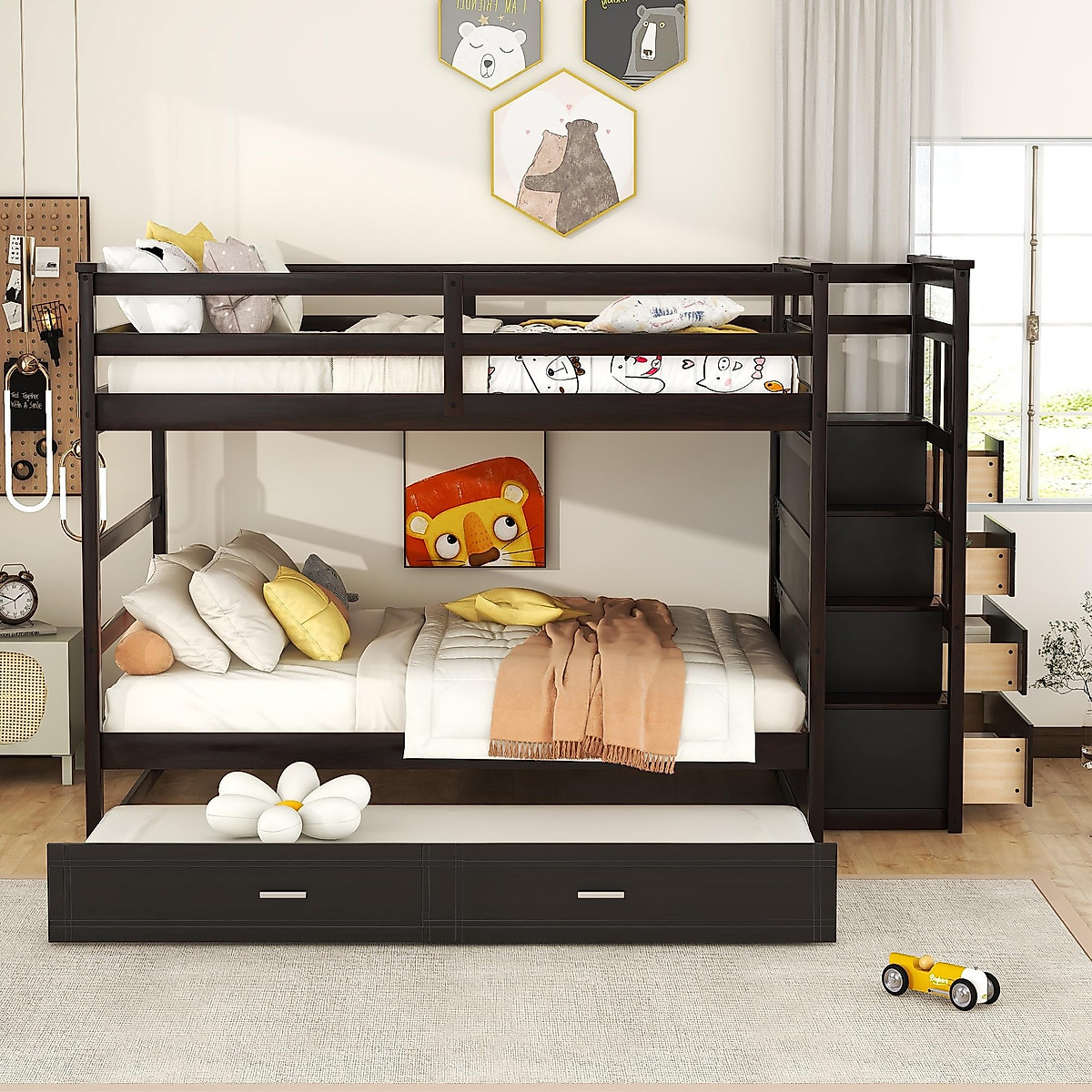 Harper & Bright Designs Full Over Full Bunk Bed with Storage, Wooden Bunk Bed with Trundle and Staircase - Espresso