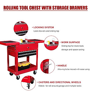 HPDMC Steel Tool Service Utility Push Cart with Lockable Drawers & Sliding Top, 27.8" L x 14.6" W x 32.7" H, 212 lbs Loading Capacity, 2-Drawer Garage Workshop Rolling Storage Tool Chest