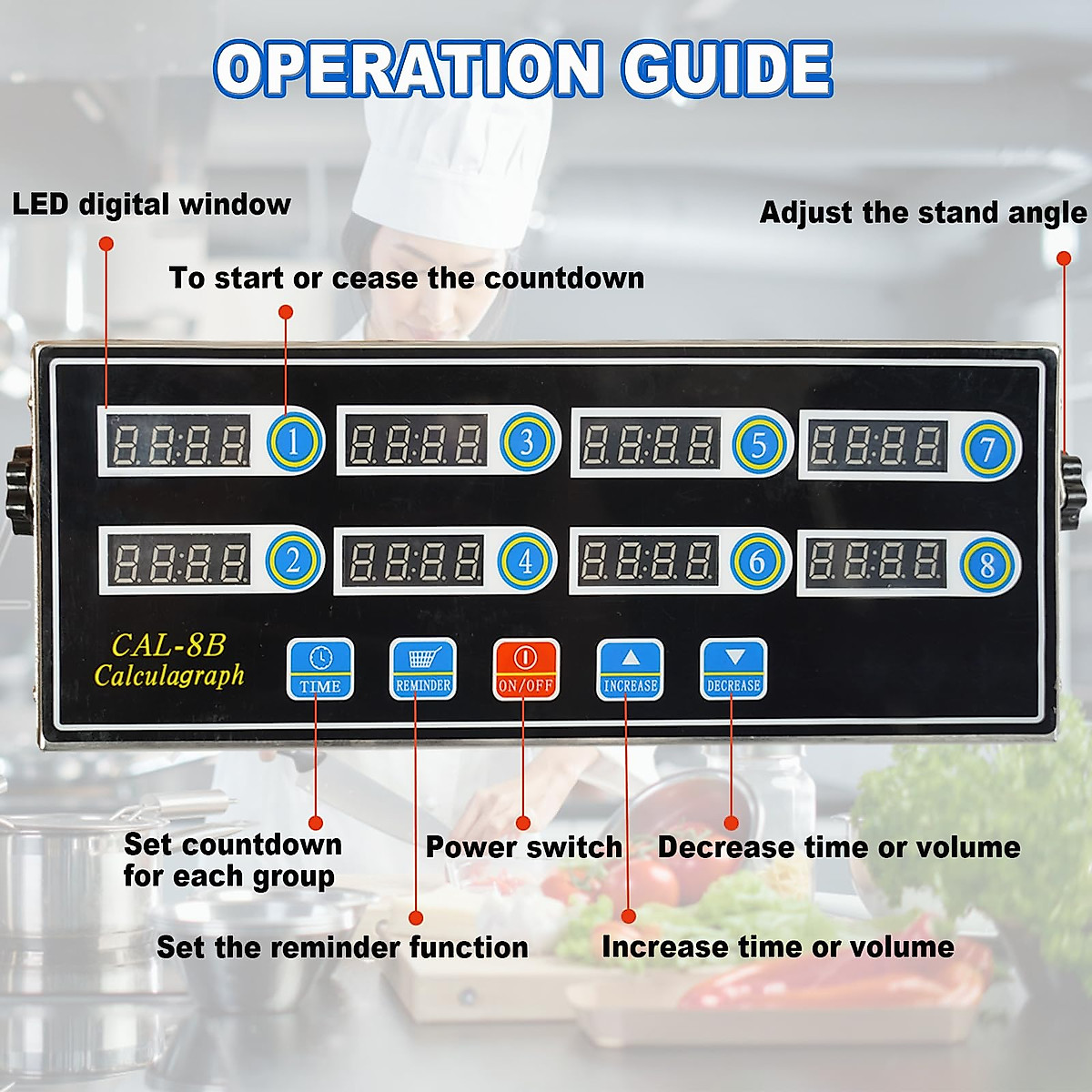 EVEDMOT Commercial 8 Channels Digital Kitchen Timer, Stainless Steel Calculagraph Timer with Loud Alarm for Restaurant, Clock Reminder on Multiple Events