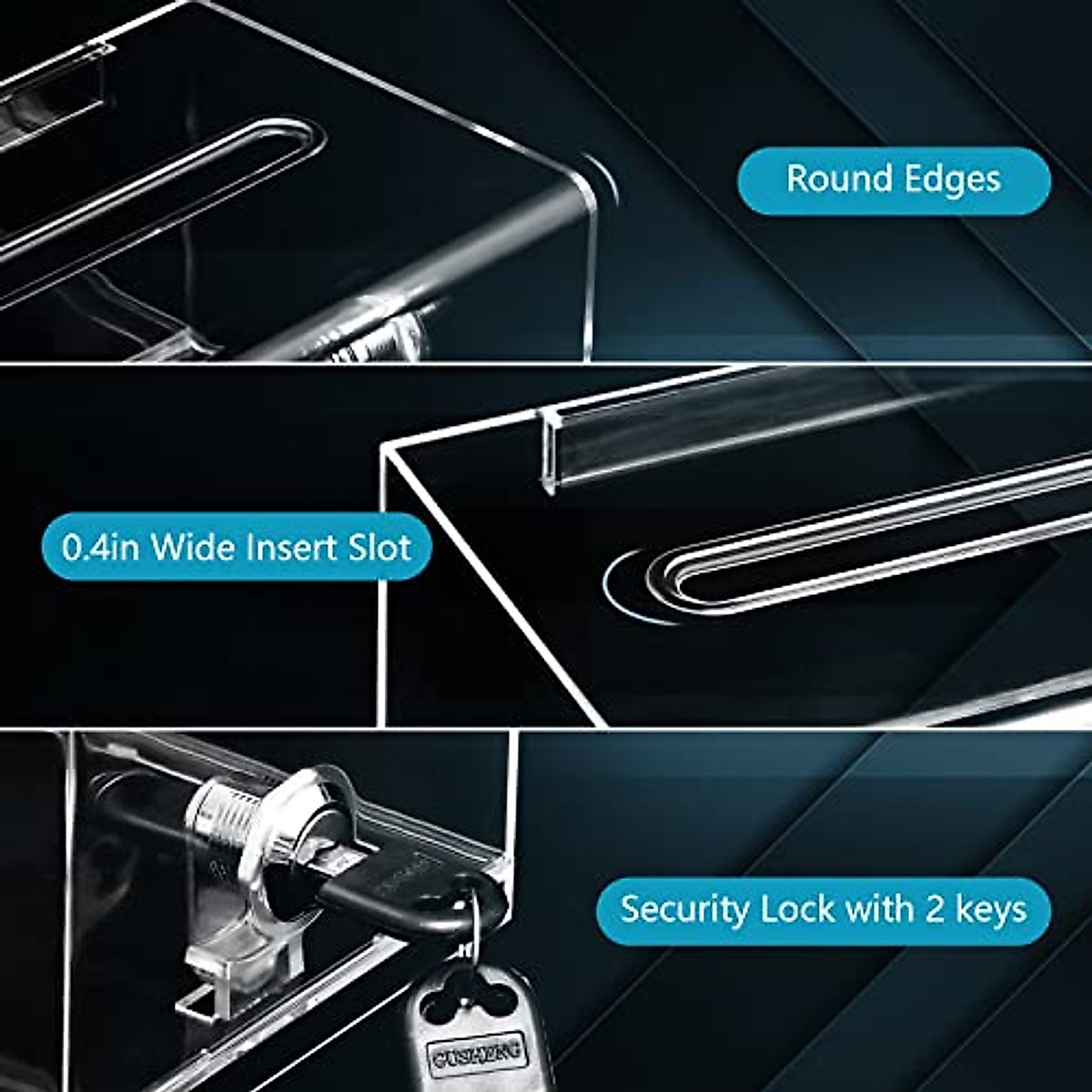 KYODOLED Clear Donation Box with Lock,Ballot Box with Sign Holder,Suggestion Box Storage Container for Voting, Raffle Box,Tip Jar 6.2" x 4.6" x 4.0"
