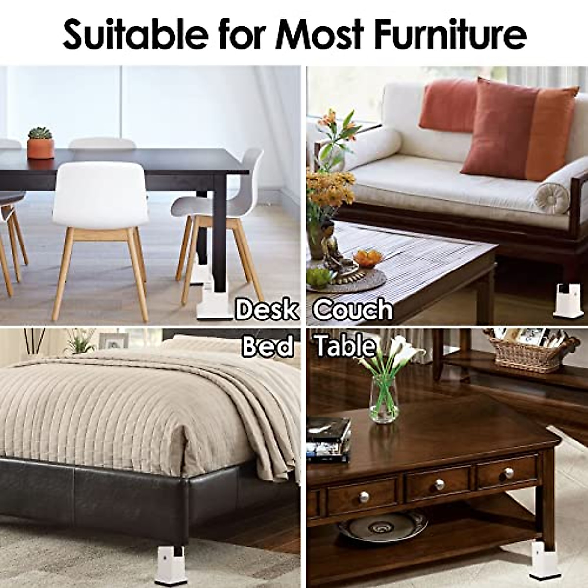 Affogato Bed Risers, Adjustable Furniture Risers with Screw Clamp, 4 Pack Heavy Duty Furniture Risers 3.4 Inch for Chairs, Desk, Cabinet, Sofa, Fit Leg Diameters 0-1.4”, Support Up to 5000lbs (White)