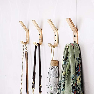 Pack of 4 Wooden Wall Hooks, Decorative Natural Wood Coat Hanger, Mounted Towel Rack for Hanging Jacket, Bags, Backpacks, Mugs, Keys, Fishhook-Shaped Hat Organizers for Entryway, Living Room (Natural)