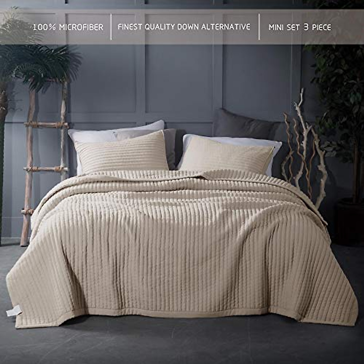 KASENTEX Quilt Mini Set-Stone Washed-Super Soft Bedspread-Light Weight-White Down Alternative Microfiber Fill-Machine Washable-Solid Colors, Full/Queen +2 Shams, Camel