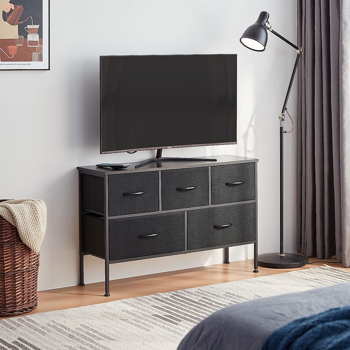 LINSY HOME Dresser for Bedroom with 5 Drawers, Fabric Long Dresser, Wide Chest of Drawers, Storage Organizer Unit for Closet, Living Room, Hallway