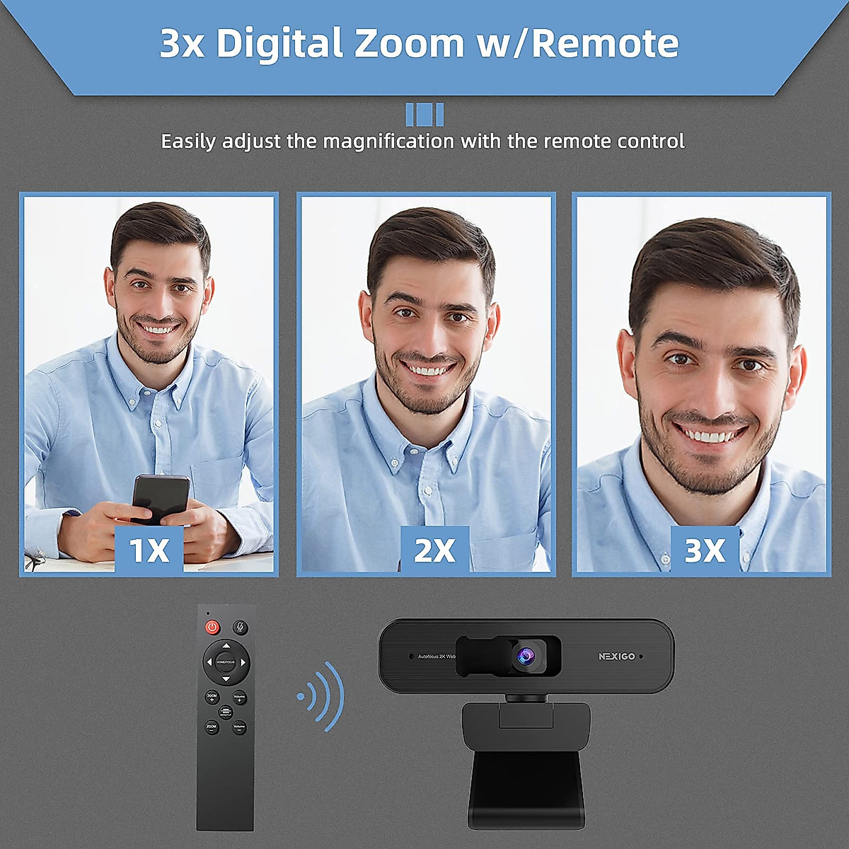 Zoom Certified, NexiGo N940P 2K Zoomable Webcam with Remote and Software Controls | Sony Starvis Sensor | 1080P@ 60FPS | 3X Zoom in | Dual Stereo Microphone, for Zoom/Skype/Teams/Webex (Black)