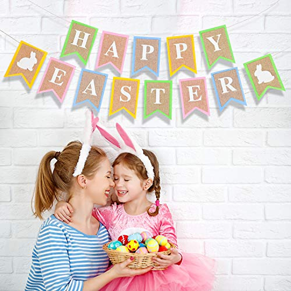 Chuangdi 2 Pieces Easter Burlap Banners Easter Bunting Felt Garland Happy Easter and Bunny Pattern for Easter Party Supplies