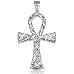 Claddagh Gold .925 Sterling Silver Diamond Plate Milgrain Egyptian Ankh Cross Pendant