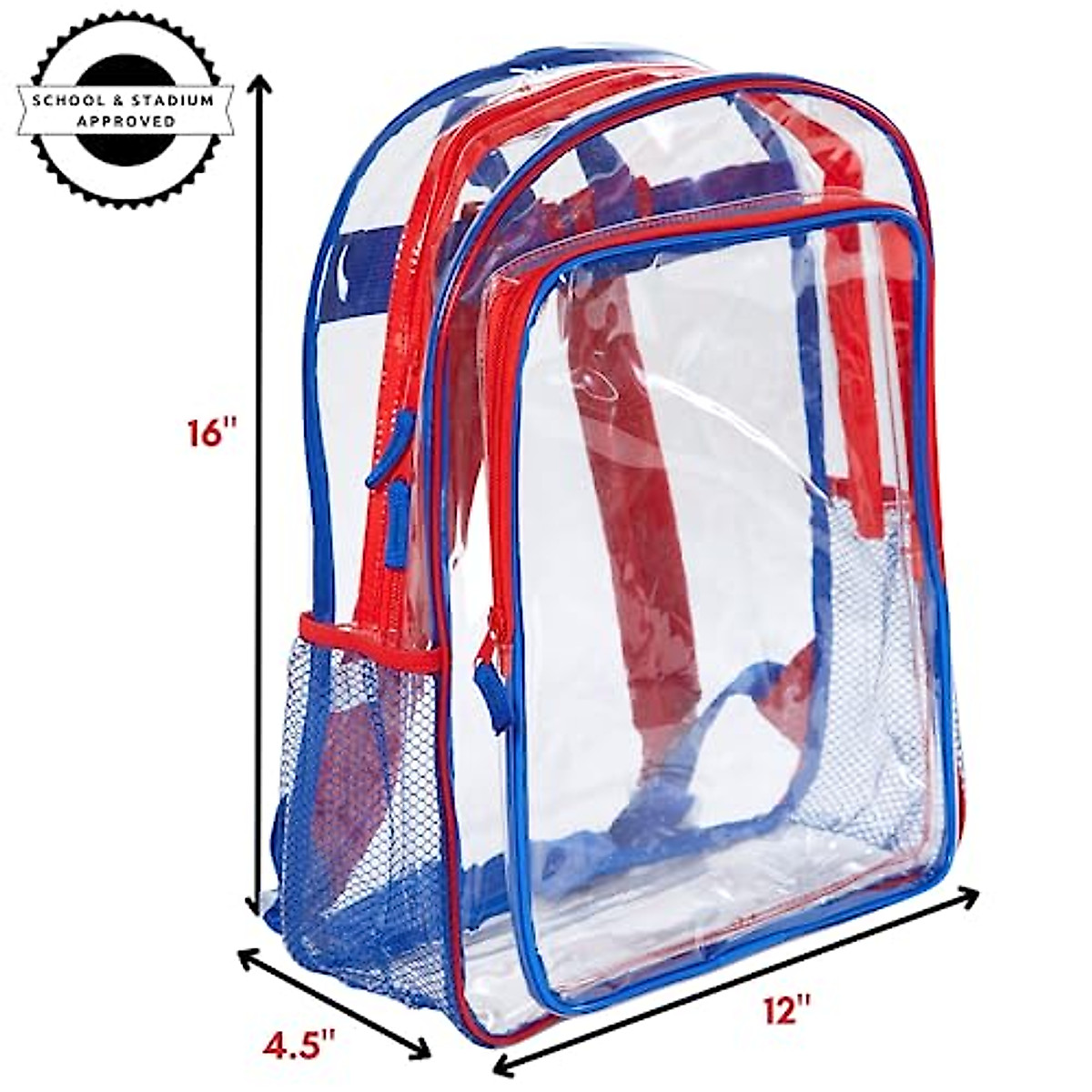 Red and Blue Clear Backpack for School, 16 inch Stadium Approved Transparent Bag