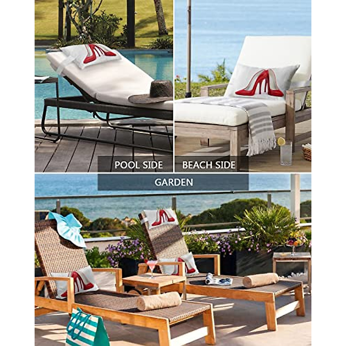 Outdoor Pillow for Recliner Lounge Chair Headrest, Red High Heels Modern Waterproof Lumbar/Head Pillow with Adjustable Elastic Stripe for Patio,Office,Beach,Pool,Car Seat Rustic Wood