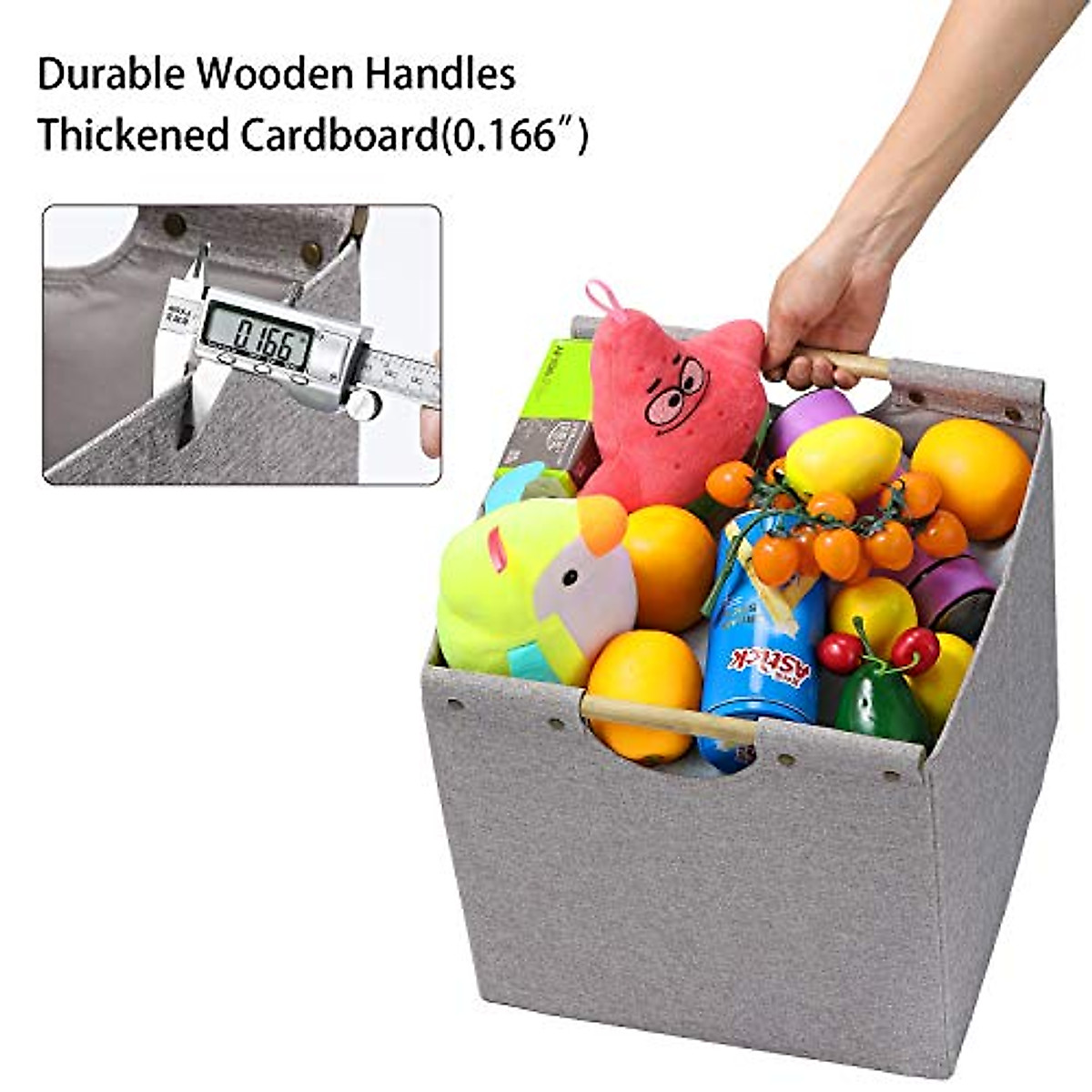 HOONEX Collapsible Storage Bins, 13x13x13in Storage Cubes Linen Fabric, 3 Pack, Storage Baskets with Wooden Carry Handles and Sturdy Heavy Cardboard, for Home, Office, Car, Nursery, Light Grey