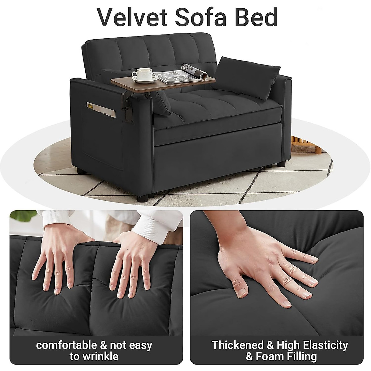 Rovibek 3 in 1 Convertible Sleeper Sofa Bed Pull Out Loveseat for Living Room Apartment Office with Side Table & Adjustable Backrest & Pillows, Black