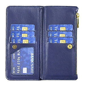 SUPWALL Wallet Case Compatible for iPhone 13 Pro | Flip Leather Case with Removable Wristlet Strap and 9 Card Holder | Magnetic Closure Case with Zipper for Men Women | Blue