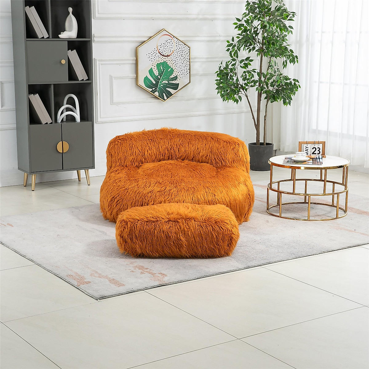 Plush Memory Foam Lounge Chair with Ottoman - Oversized Recliner High Back Lazy Sofa Chair with High Resilience Foam, Solid Wood Frame, Iron Legs - Comfortable Single Living Room Chair (Orange)