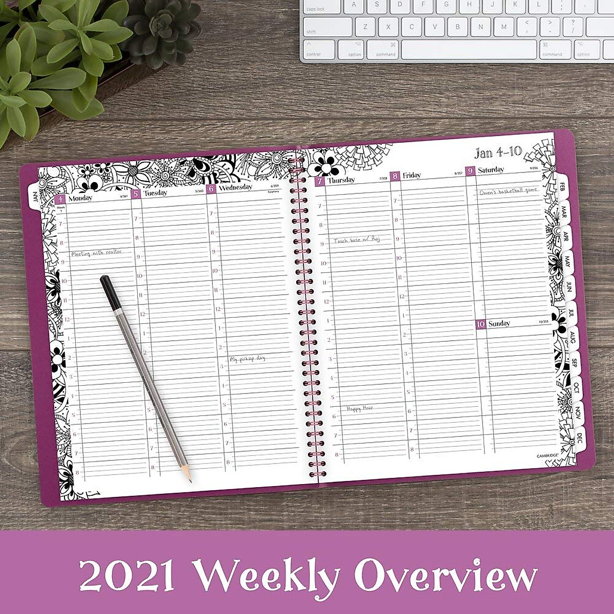 2021 Weekly & Monthly Planner by Cambridge, 8-1/2" x 11", Large, Premium, FloraDoodle, Black/White (589-905-21)