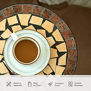 VONLUCE Mosaic Side Table and Plant Stand, 21" Round End Table with 14" Ceramic Tile Top, Indoor & Outdoor Accent Table, Porch Patio Furniture, Entryway & Coffee Table for Home & Garden, Maple