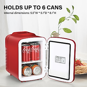 YSSOA 4L Mini Fridge with 12V DC and 110V AC Cords, 6 Can Portable Cooler & Warmer Compact Refrigerators for Food, Drinks, SkinCare, Office Desk, Red