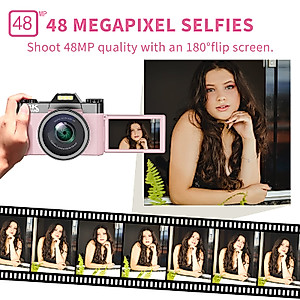 Digital Cameras for Photography VJIANGER 4K 48MP YouTube Camera for Vlogging with 3.0" Flip Screen, 16X Digital Zoom, Include 52MM Wide Angle & Macro Lens, 32GB SD Card, 2 Batteries (Re7-Pink)