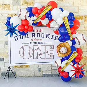 Baseball Garland Arch Kit With Glove, Bat, and Star Balloons - 128pcs Red, White, and Navy Blue for Baseball Theme Birthday, Baby Shower Party Supplies