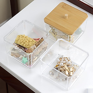 Clear Bathroom Dresser Organizer 3 Compartment with 1 Lid, Transparent Hair Accessories Organizer, Cotton Ball and Swab Holder, Small Plastic Storage Containers Vanity Makeup Organization (Wood Lid)