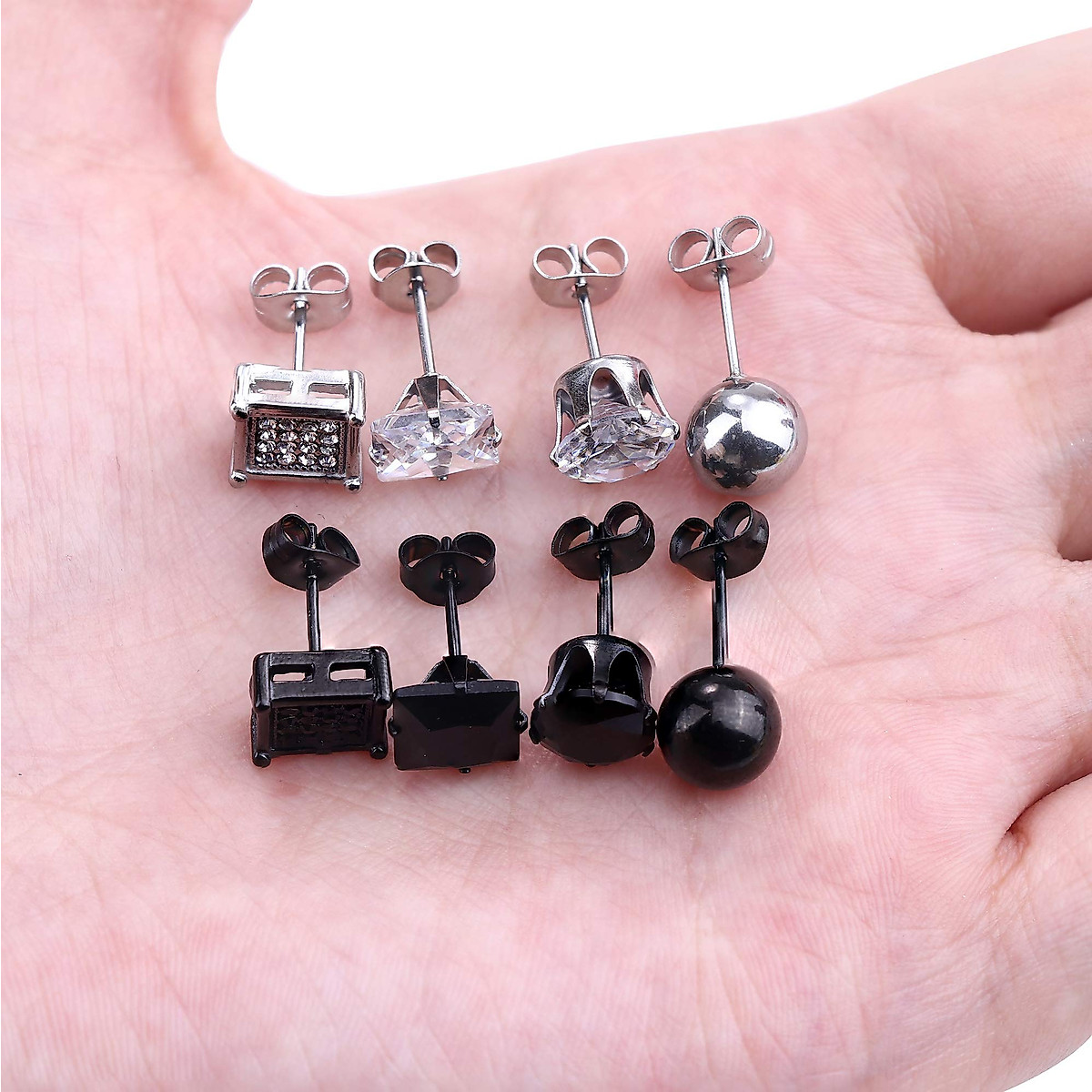 LOYALLOOK Stainless Steel Black Stud Earrings Silver Cubic Ziconia Stud Earrings Sets Tunnel Earring Ball Studs for Women Men 16 Pairs 6MM