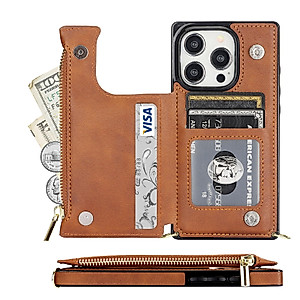 Bocasal Crossbody Wallet Case for iPhone 15 Pro with RFID Blocking Card Slot Holder, Magnetic Flip Folio Purse Case, PU Leather Zipper Handbag with Detachable Lanyard Strap 6.1 Inch 5G (Brown)