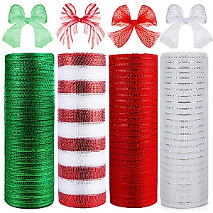 4 Roll Christmas Poly Mesh Ribbon, 10 Inch x 30 Feet Metallic Poly Mesh Ribbon Red Green and White Glitter Foil Mesh Ribbon Decorative Mesh Rolls for DIY Wreath Crafts Christmas Party Decoration