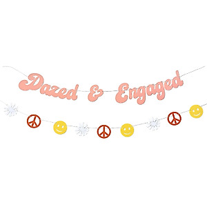 Dazed and Engaged Bachelorette Decorations Bundle with Dazed & Engaged Confused Banner and Groovy Retro Hippie Daisy, Peace Sign, and Smiley Face Garland - 24 piece set