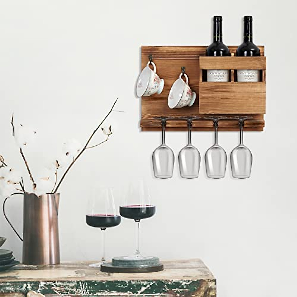 WGFKVAS Wine Rack Wall Mounted with Glass Holder and Cup Hook, Thickened Pine Wood Wine Shelf Rustic Wine Display Storage Rack, Gifts for Wine Lovers, Mother's Day, Birthday