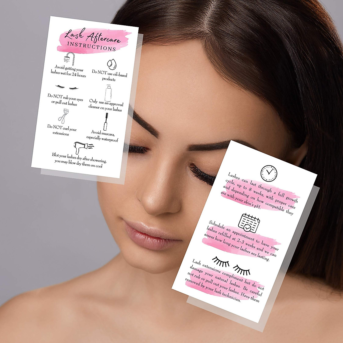 Lash Extension Aftercare Instructions Cards | 50 Pack | Double Sided Size 3.5 x 2" inches After Care (2-3 Week Fillers) | White with Pink Watercolor Design