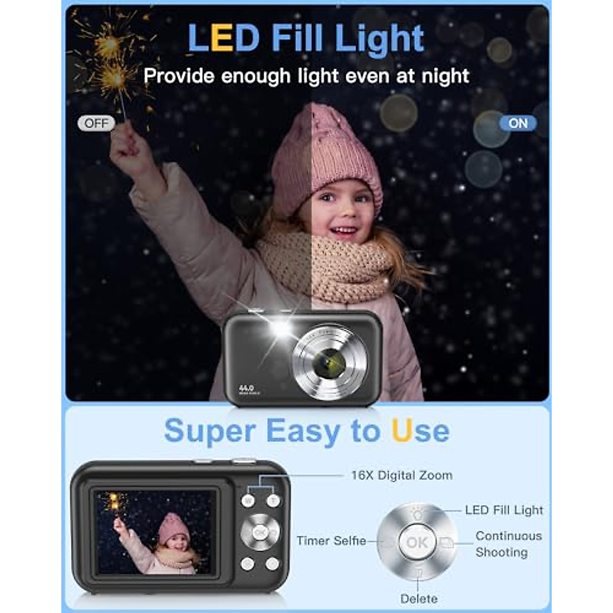 Fulealfly Digital Camera, FHD 1080P Kids Camera with Neck Lanyard 32GB Card Battery, Anti-Shake 16X Zoom, 44MP Point Shoot Cameras, Compact Portable Gift Camera for Kid Teen Student Girl Boy(Black)