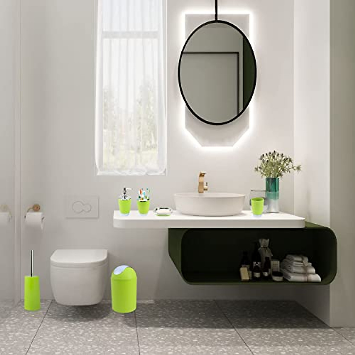 6 Piece Bathroom Accessories Set, Plastic Bath Ensemble Bath Set Lotion Bottles Toothbrush Holder Tooth Mug Soap Dish Toilet Brush Trash Can Decorative Bath Accessory Kit, Green