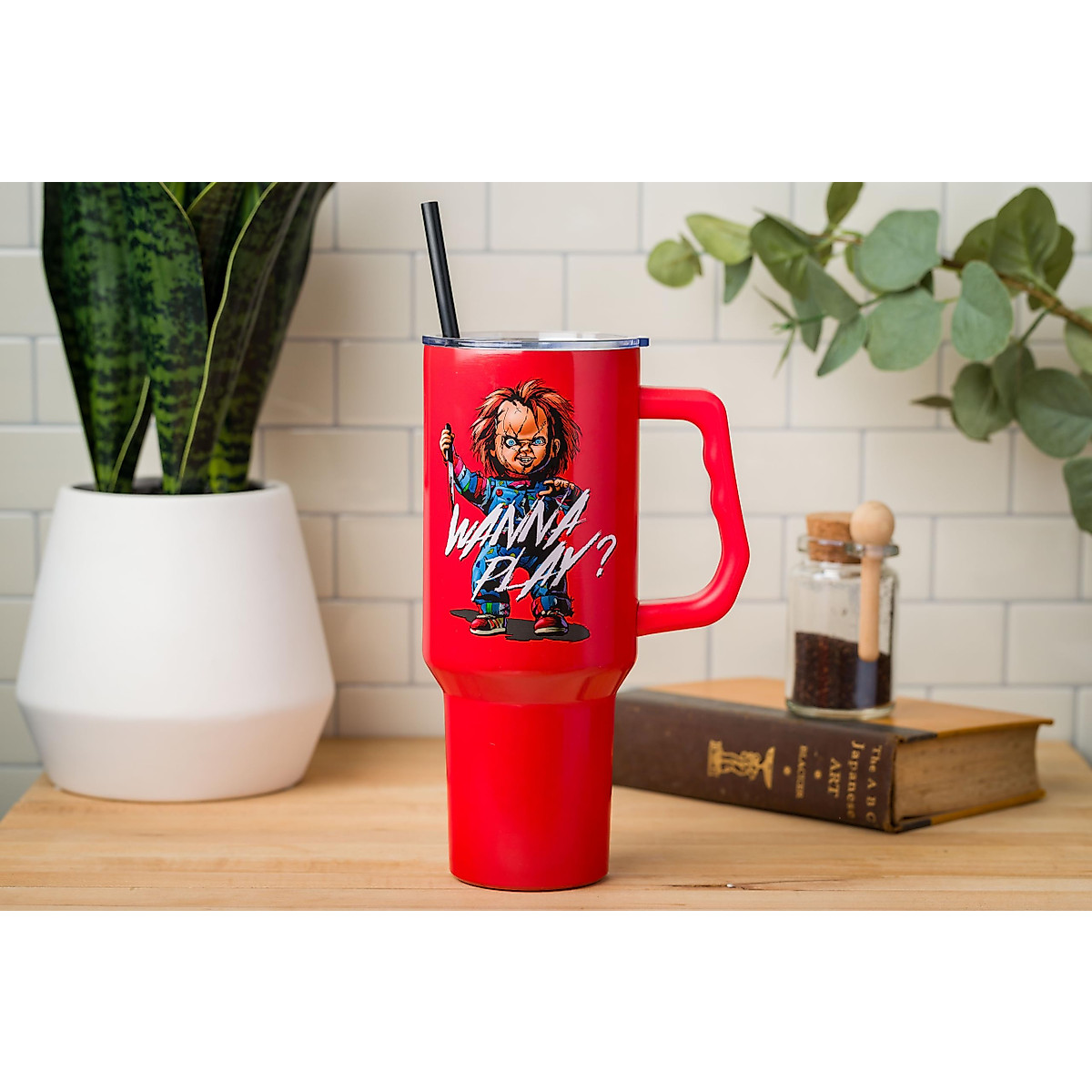 Silver Buffalo Chucky Wanna Play Stainless Steel Tumbler with Handle and Straw, Fits in Standard Cup Holder, 40 Ounces